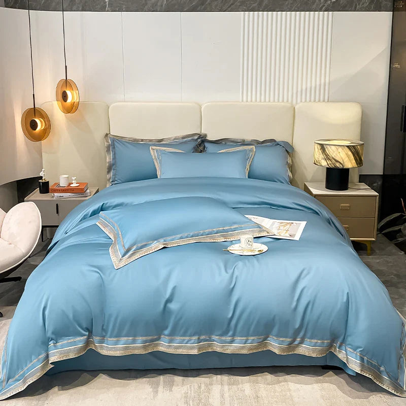 Royal Retreat Gold Edging Embroidered 1000 TC Duvet Set - Soft Blue ...