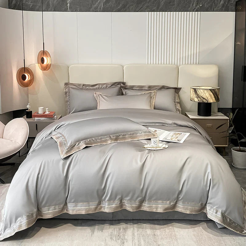 Royal Retreat Gold Edging Embroidered 1000 TC Duvet Set - Silver ...